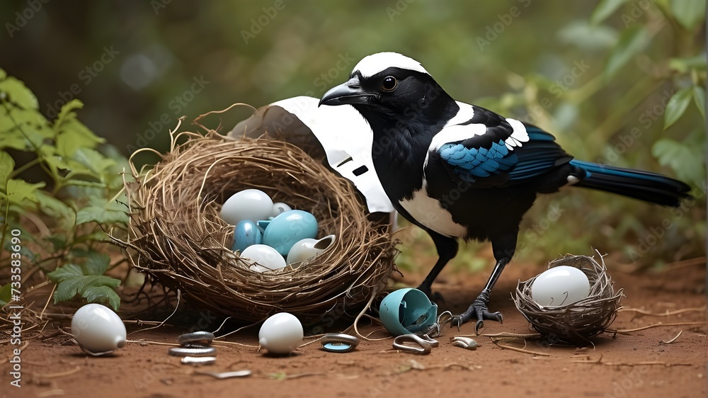 nest with eggs and sparrow, Playful magpie building a clever nest from ...