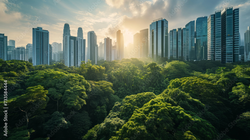 The sun sets behind a contrasting scene of a bustling city skyline and ...