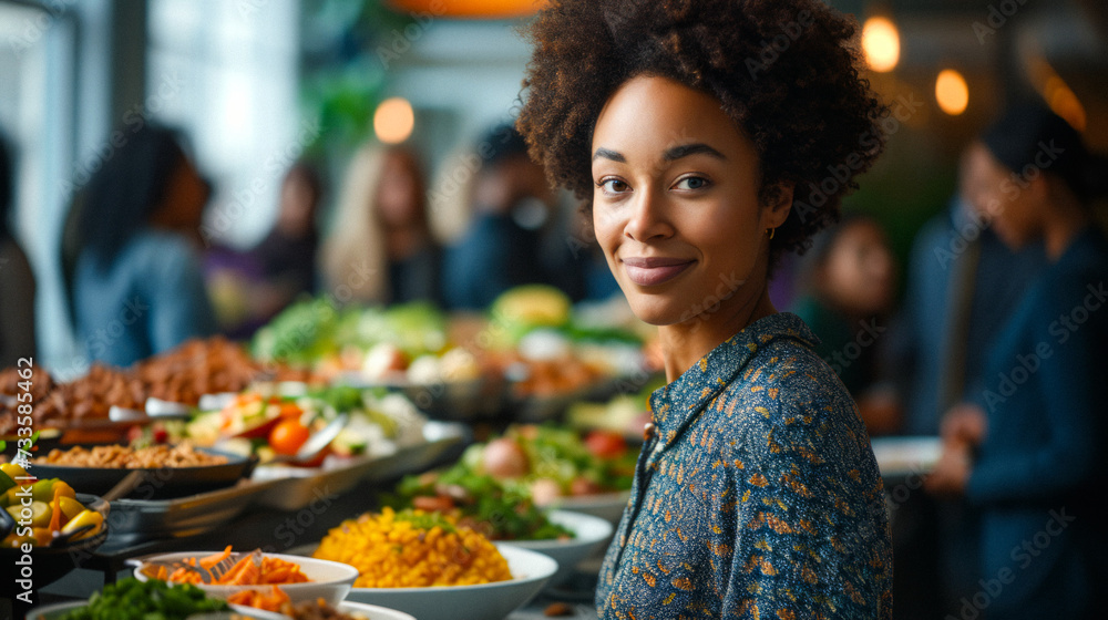 an office celebration where employees are sharing foods and artifacts ...