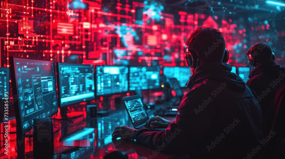 cybersecurity experts work on computers with complex code on screens ...