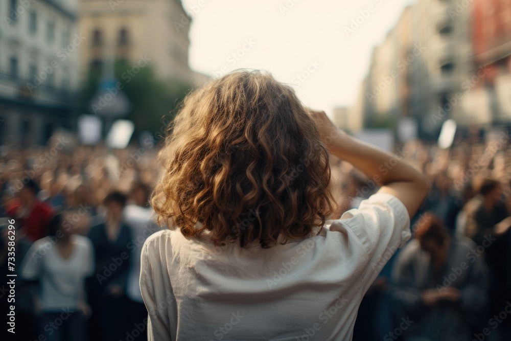 Peaceful Demonstration on the streets of the city, young woman ...