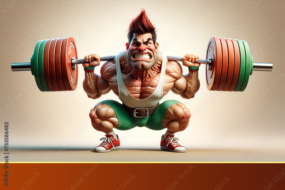 Muscle Power Illustrated: Weightlifter Caricature Lifting Heavy Barbell ...