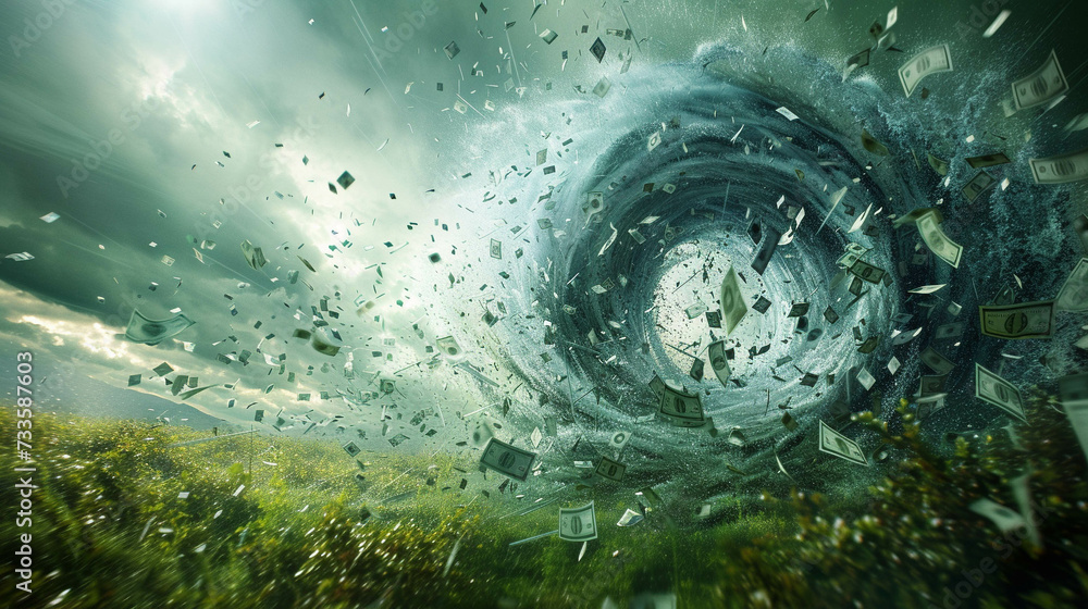Money swirling in a tornados grasp a chaotic blend of nature and wealth ...