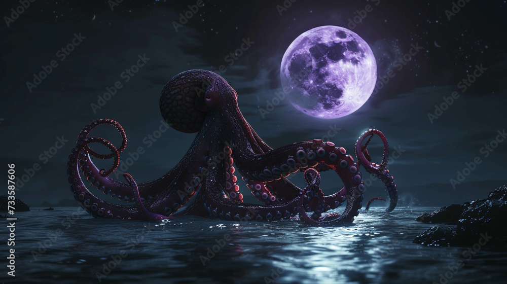 Moonlit night a giant squids tentacles dance above the seas surface ...