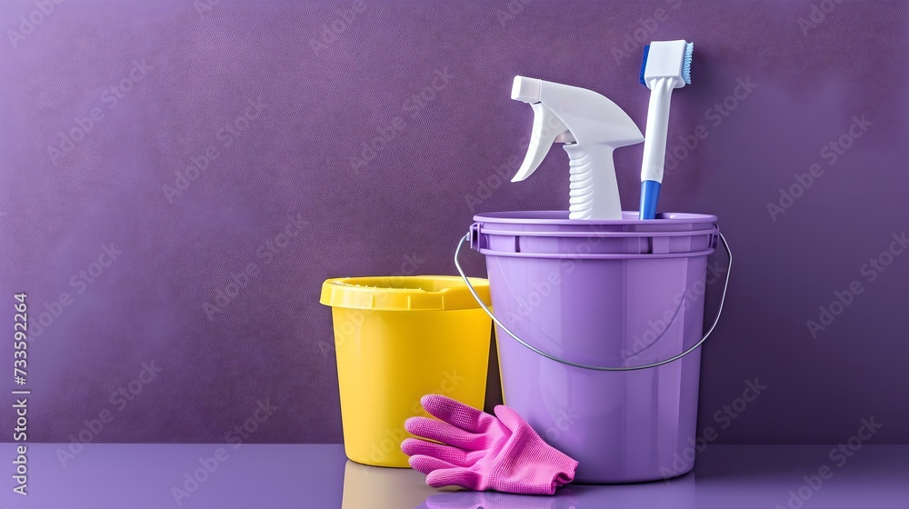 Cleaning supplies on reflective surface against purple background ...