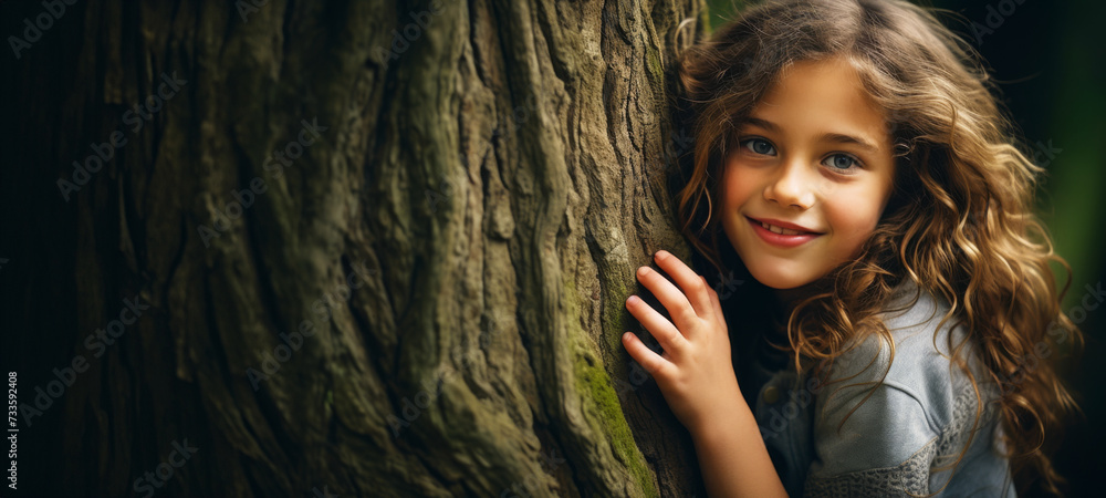 Net zero and carbon neutral concept. Child hugging a tree in the ...