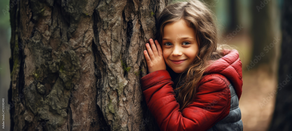 Net zero and carbon neutral concept. Child hugging a tree in the ...