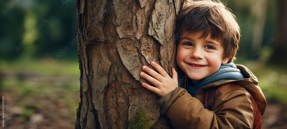 Net zero and carbon neutral concept. Child hugging a tree in the ...