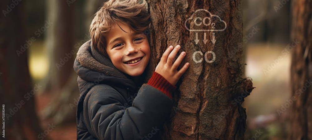 Net zero and carbon neutral concept. Child hugging a tree in the ...