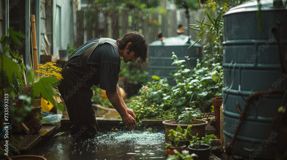 Rainwater Harvesting System: A person setting up a rainwater harvesting ...