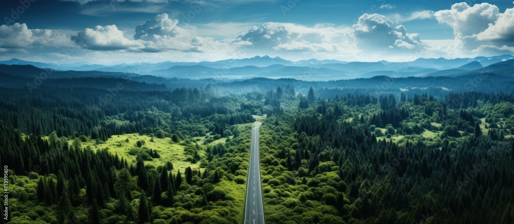 Top view of green forest landscape. pine trees and asphalt road Country ...