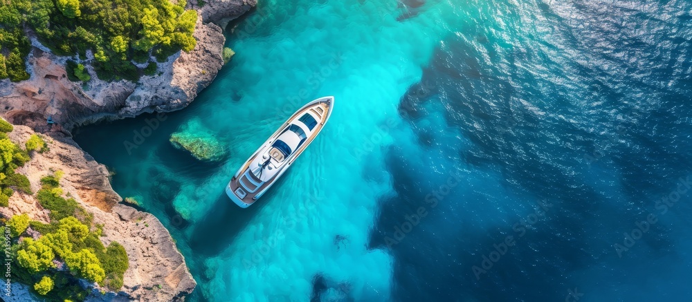 Panoramic top view photo of a yacht with a helicopter landing area in a ...