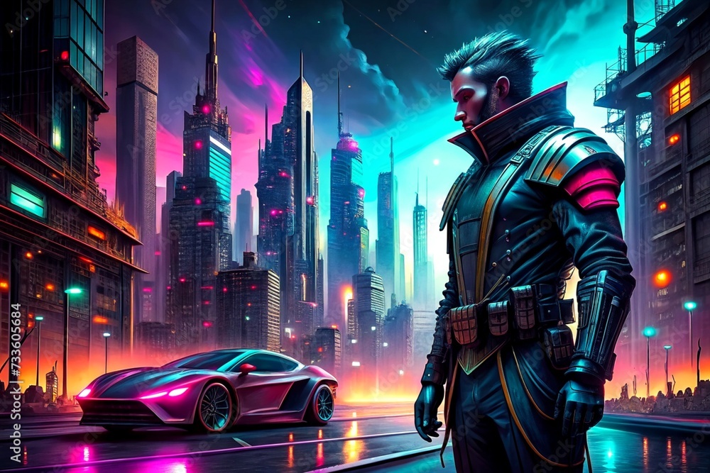 Cyberpunk character in neon lights illuminate futuristic cityscapes ...