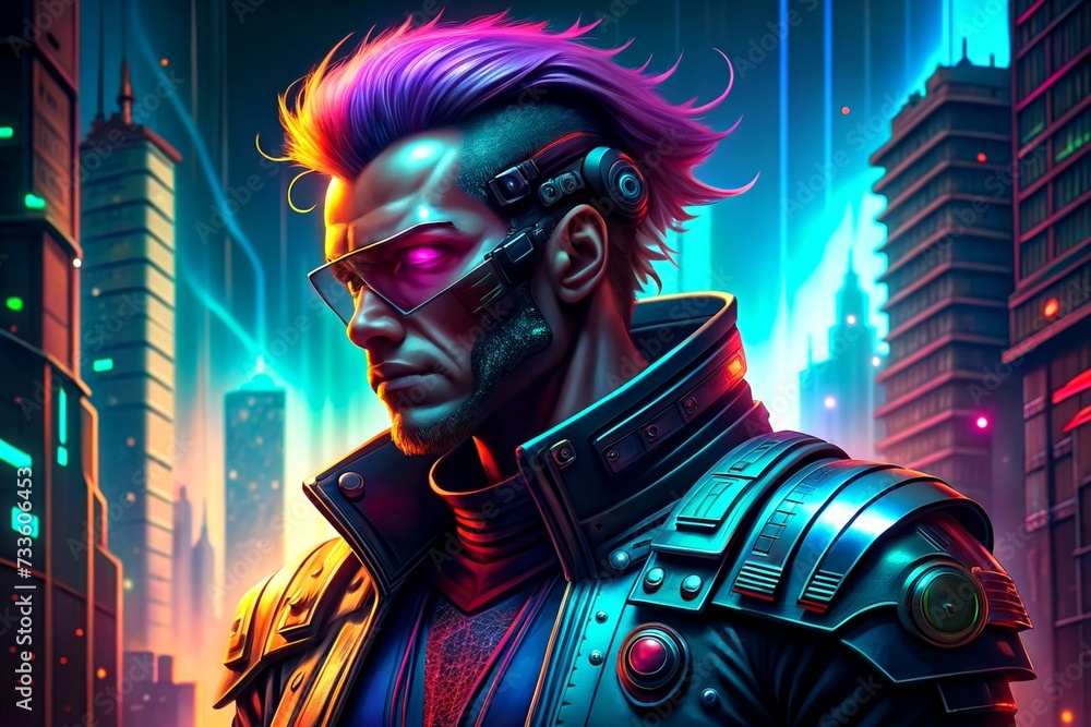 Cyberpunk character in neon lights illuminate futuristic cityscapes ...