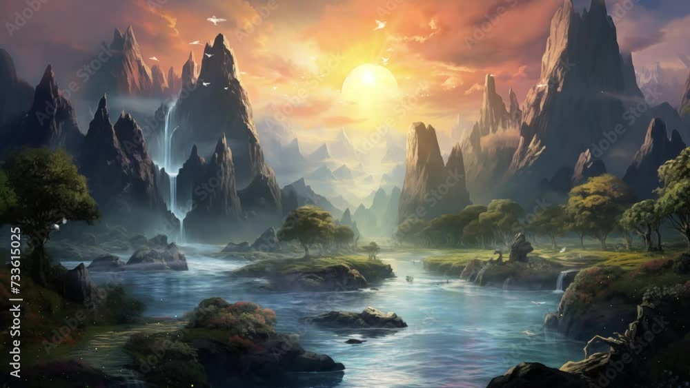 fantasy landscape. sunset with mountain background. cartoon anime ...