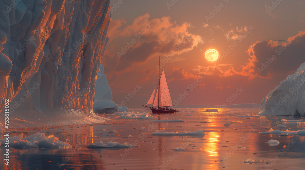 Sailboat cruising among massive icebergs during dusk. Disko Bay ...