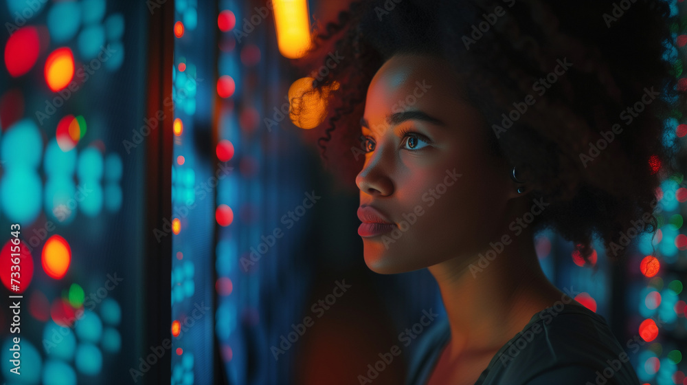 Laptop, network and data center with a black woman it support engineer ...