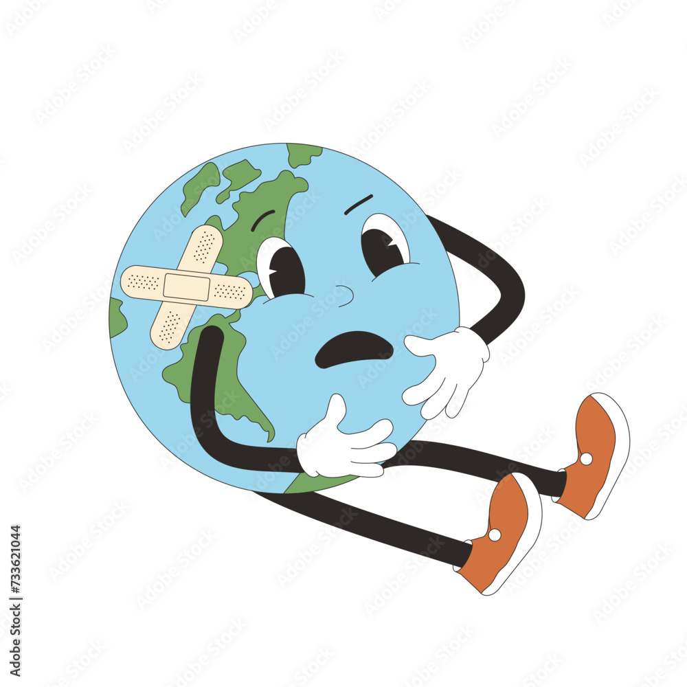 Hurt Earth mascot in retro style. Climate crisis. Cute planet character ...