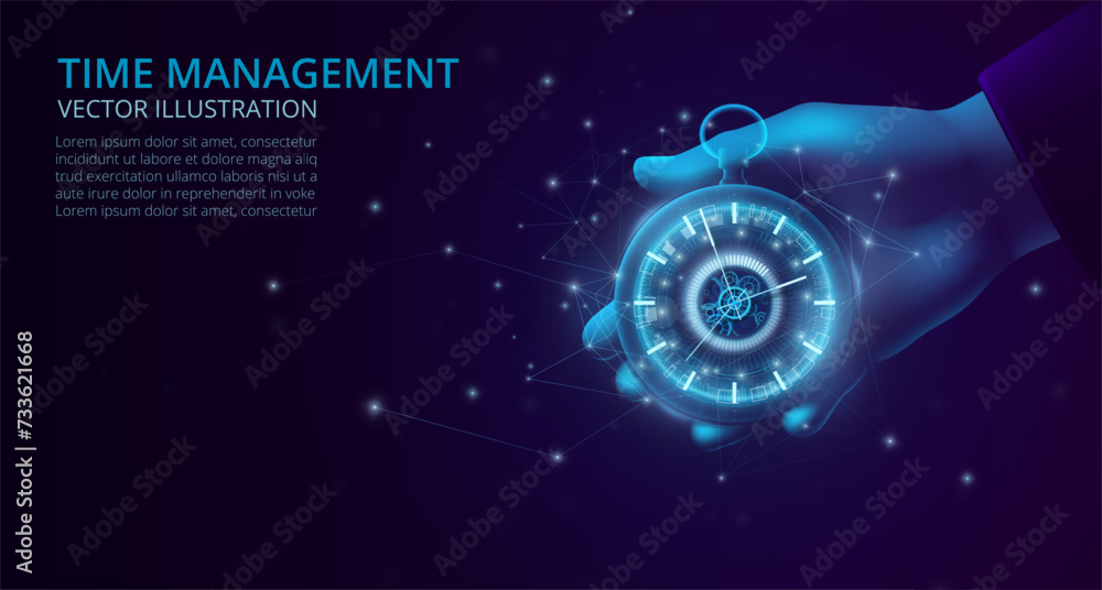 Digital clock. Low poly watch. Time management. Clockwork technology ...