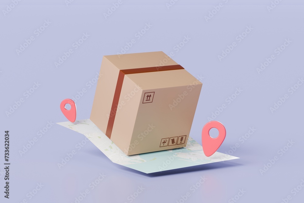 3D Parcel box or Cardboard box is placed on a GPS folded map and a red ...