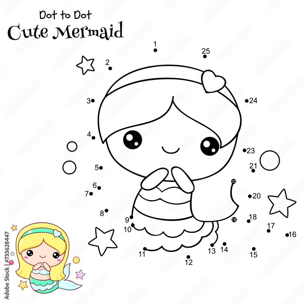 Connect The Dots and Draw Cute Mermaid. Dot to dot puzzle with cartoon ...