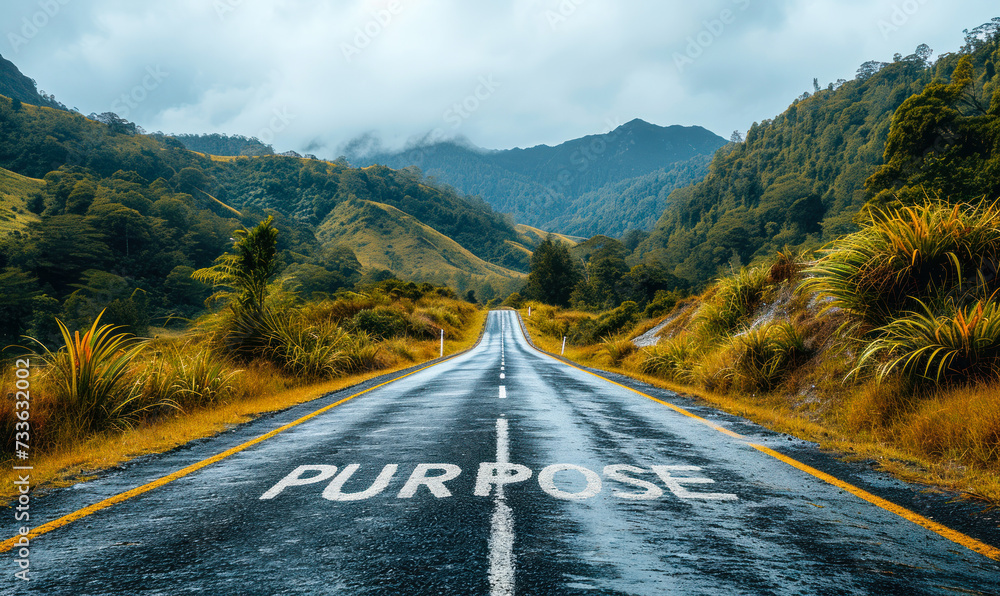 The word PURPOSE written on an open asphalt road amidst a vast ...