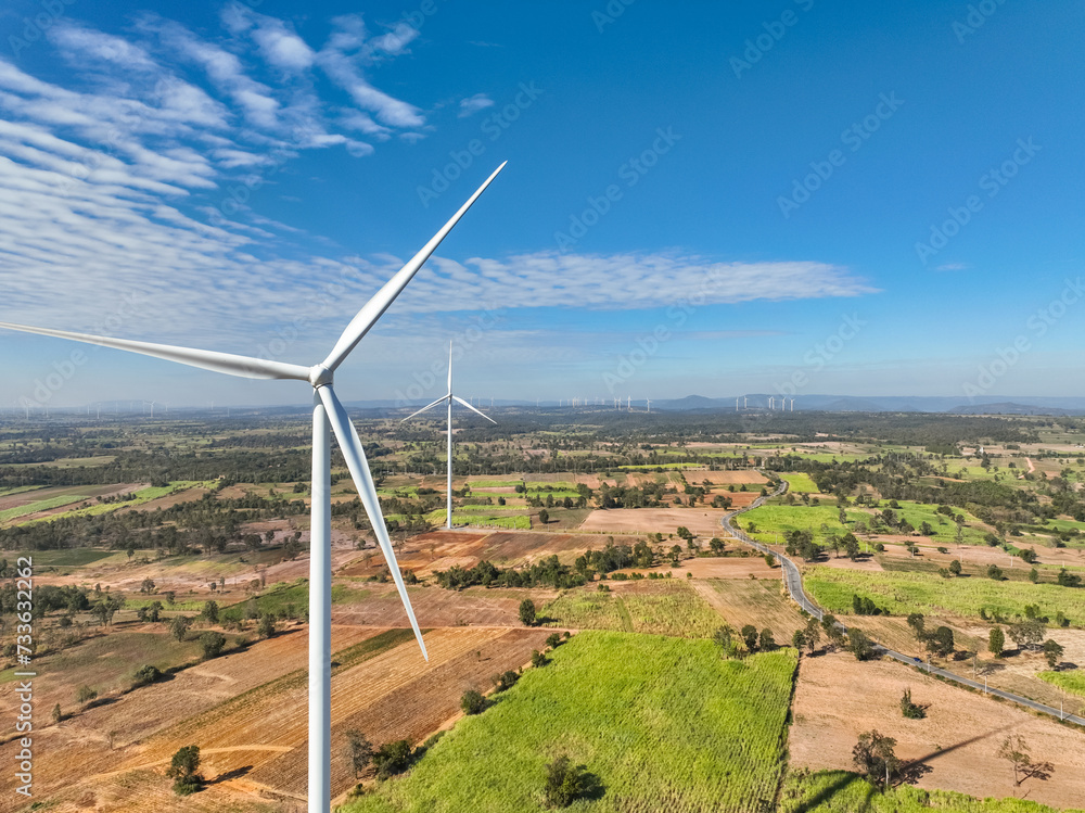 Landscape of wind farm. Wind energy. Wind power. Sustainable, renewable energy. Wind turbines ...