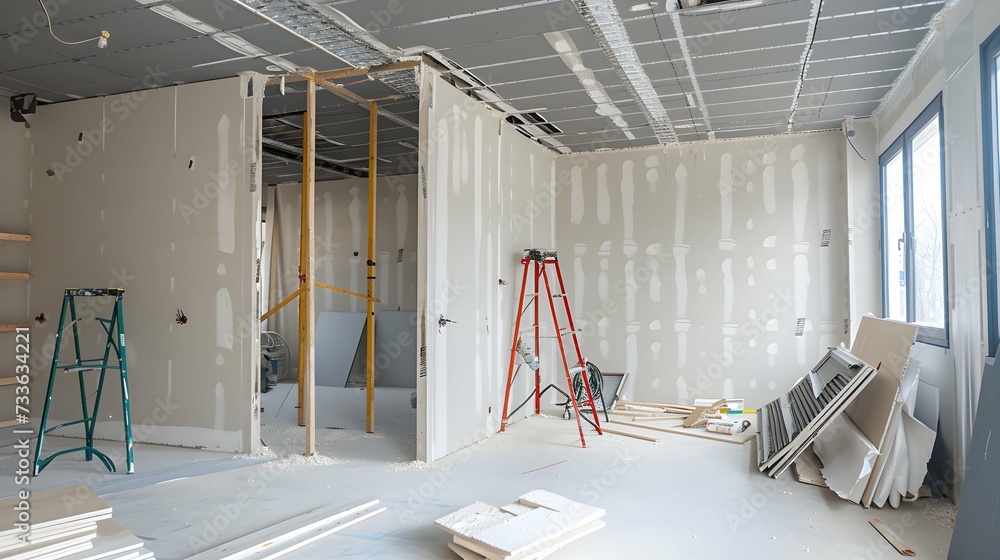 Drywall installation work in progress by construction workers at ...