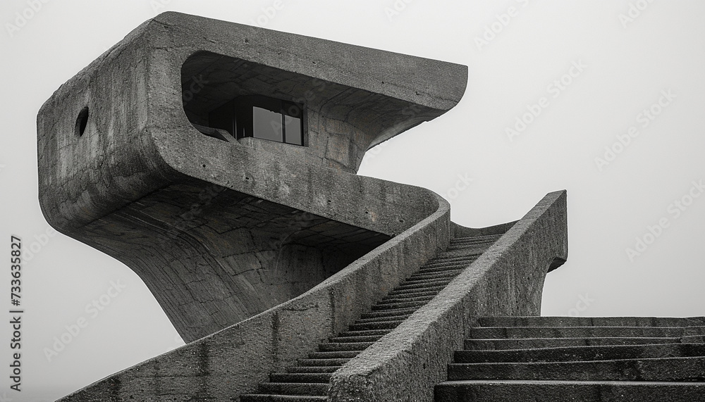 An abstract brutalist structure featuring a large, curved concrete form ...