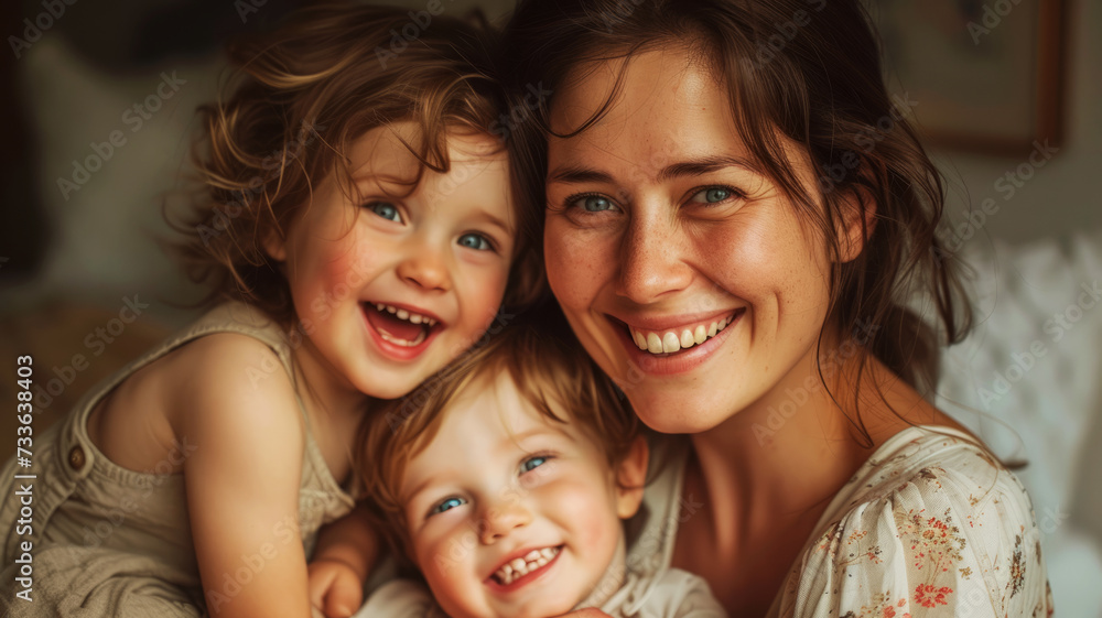 Joyful Mother Embracing Her Toddlers at Home, A radiant mother shares a ...