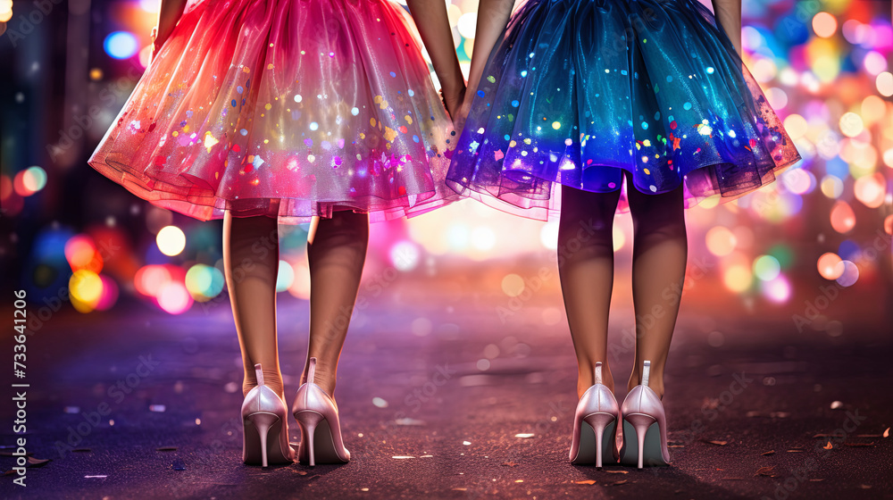 Rear view of female legs in high heels and colorful full skirts, close ...