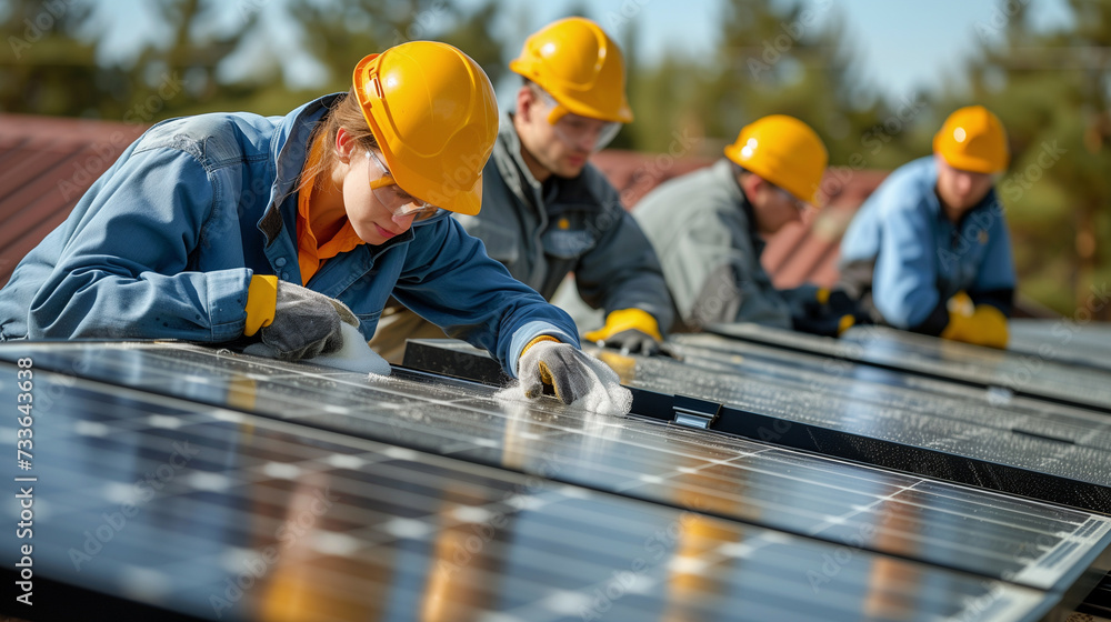 Solar Cell. Group of engineers maintaining solar panel cleaning solar ...