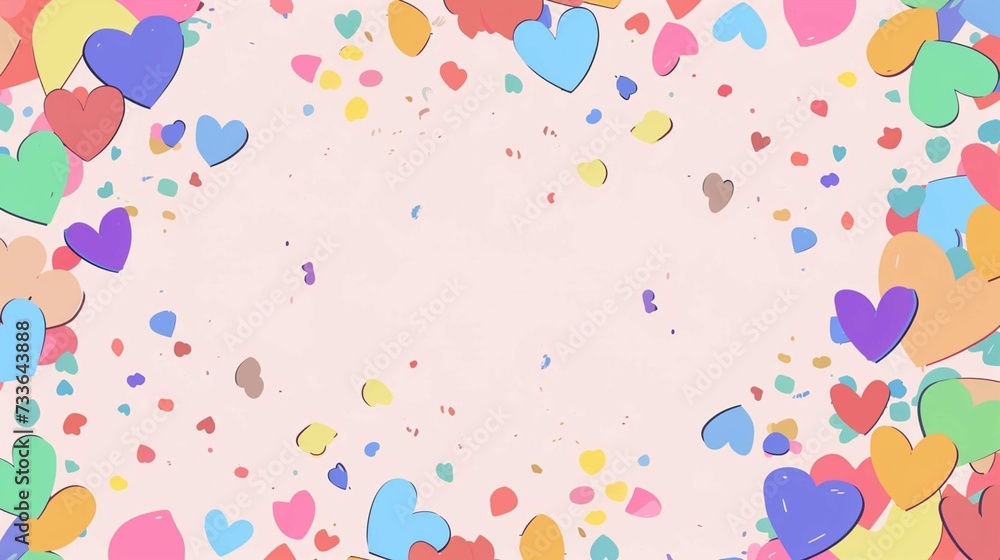 Simple flat color rainbow hearts border frame on bright background ...