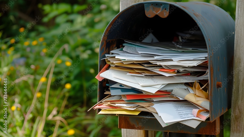 A rural mailbox is overflowing with an assortment of mail, including ...
