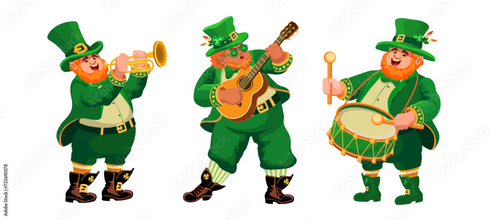 Three funny fat musicians in leprechaun costumes. People with a guitar ...