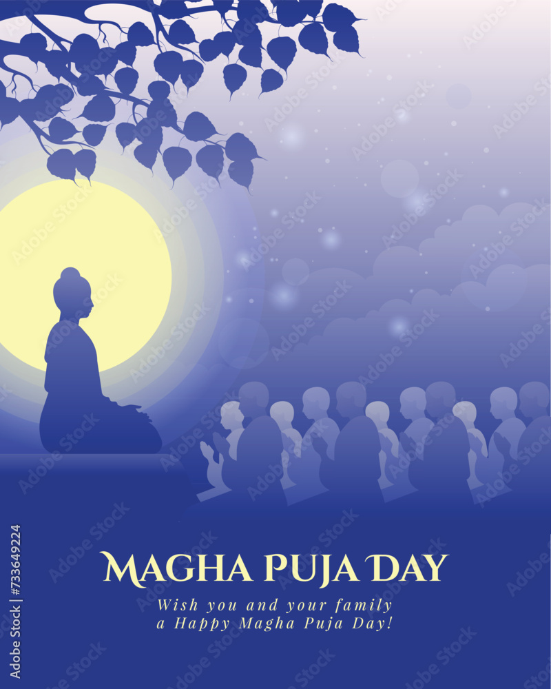 Magha puja day - The Lord Buddha giving and Preach 1250 monks in full moon night with purple ...