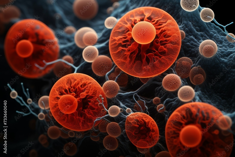 A highly detailed microscopic view of red blood cells and platelets in a blood vessel. Stock ...