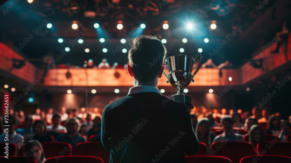 Man giving a acceptance speech while holding a cup on stage , awards ...
