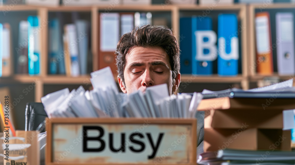 Busy concept image with an overwhelmed businessman doing paperwork ...