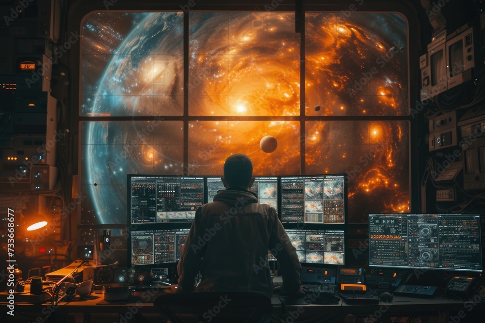 A man monitors cosmic activity from a control station with screens ...