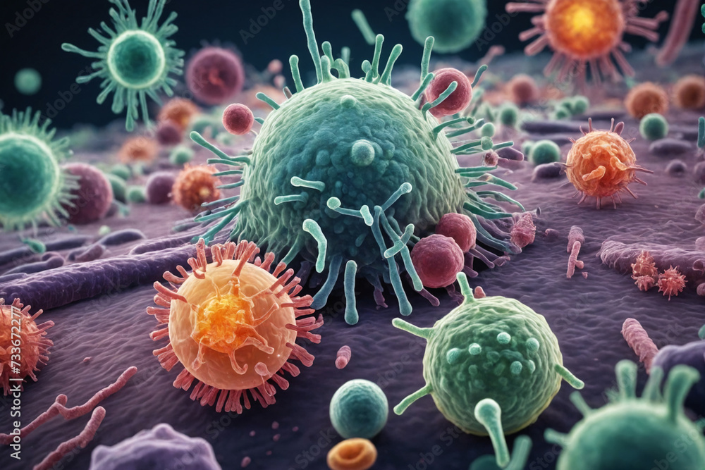 A diverse array of bacteria and viruses shown in a vivid microscopic ...