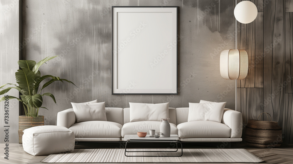 interior design furniture with mockup poster artwork with border frame ...