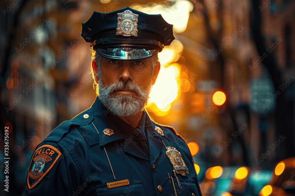A seasoned officer with a grizzled beard stands resolute at dusk, his ...