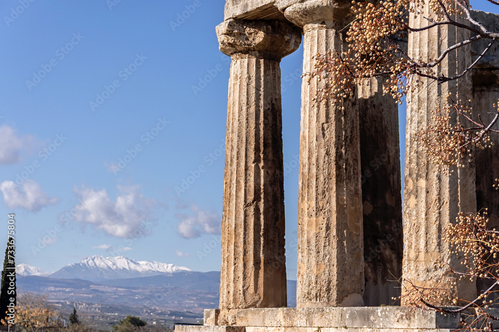 Doric colonnade Temple of Apollo in Ancient Corinth close up, with ...
