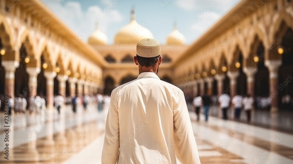 Muslim man walking at the mosque for islamic background, Ramadan ...
