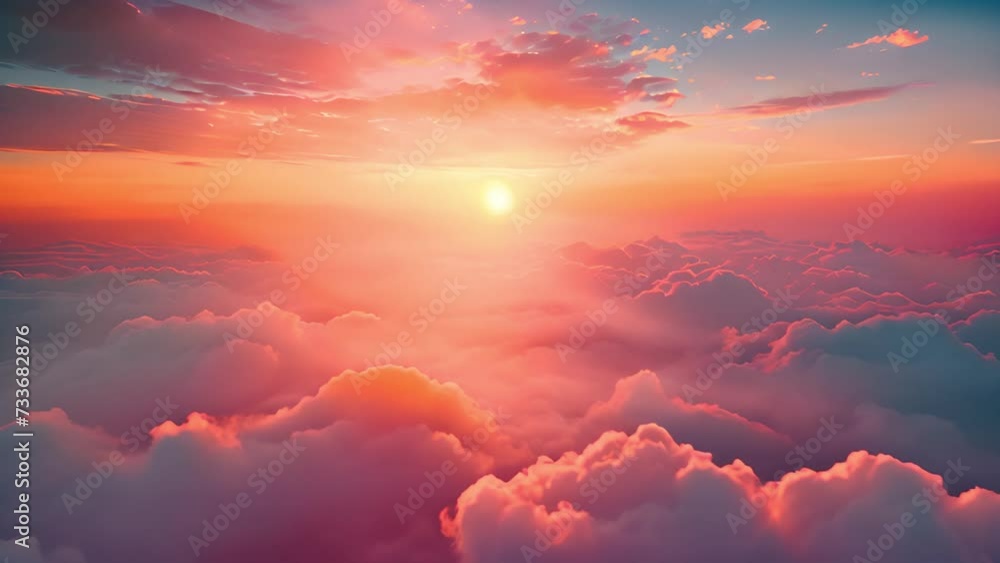 Flying over the evening clouds with the late sun. Colorful sunset and ...