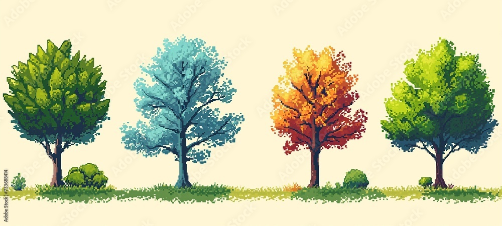 Set of four pixel art trees depicting seasons: lush spring green, icy ...