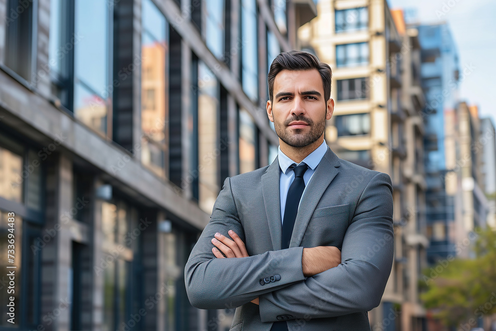 Confident Real estate salesperson in a poised and friendly gesture ...