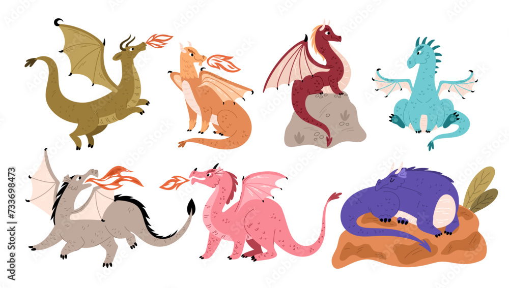 Fairy tale dragons. Magical fire breathing animals. Mythological winged ...