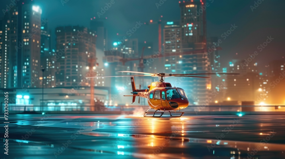 Helicopter Landing on City Rooftop at Night - Illuminated helicopter ...